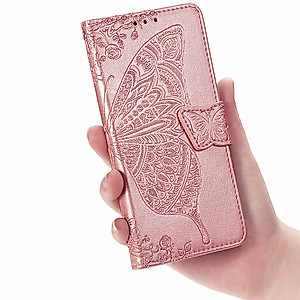 ROPIGO for Samsung Galaxy S21 FE 5G Wallet Case, Embossed Butterfly Premium PU Leather [Kickstand] [Card Slots] [Wrist Strap] [6.4 inch] Phone Cover for Samsung S21 FE (A1-Rose)