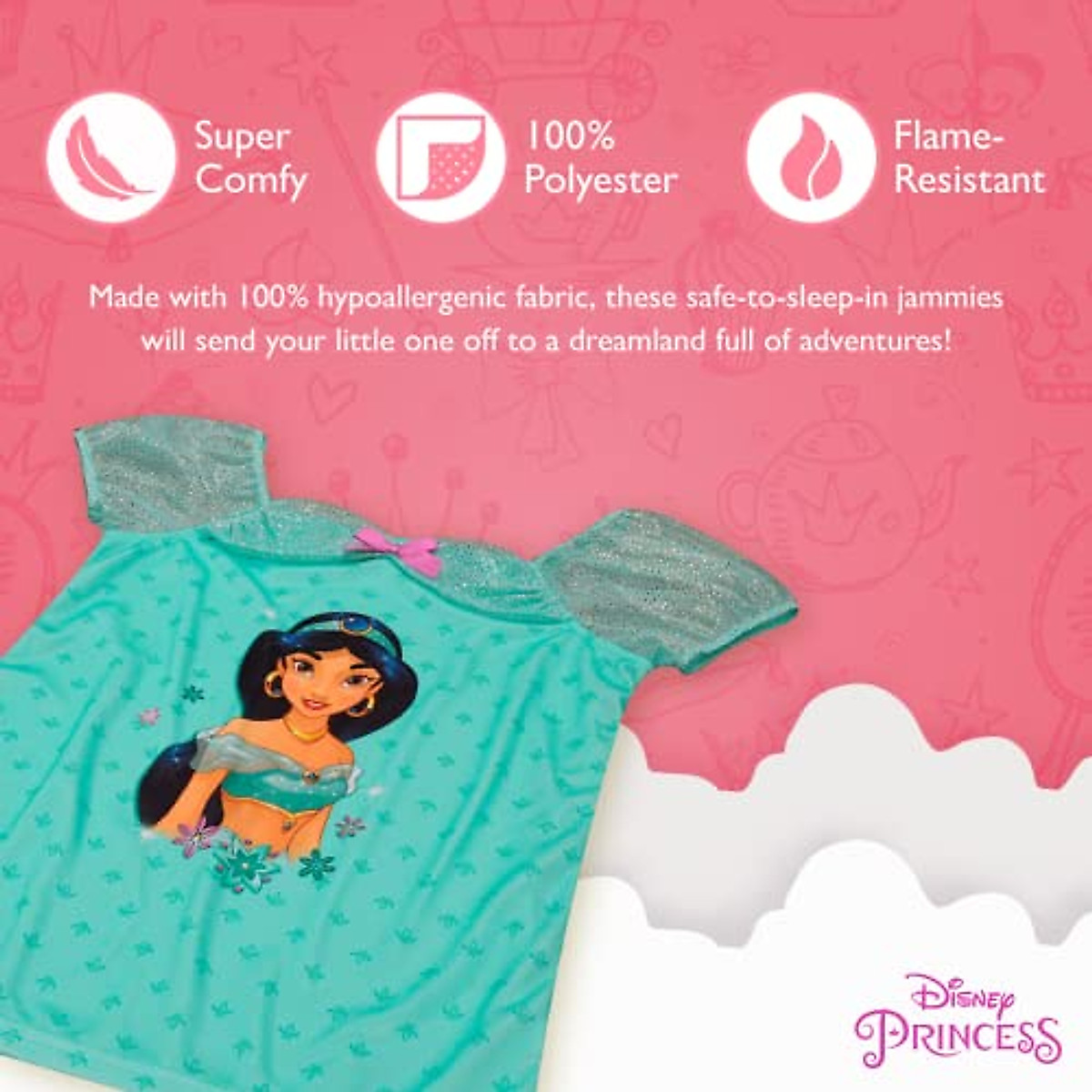 Disney Girls' Princess 2-Piece Loose-Fit Pajamas Set, LOVE JASMINE 2, 8