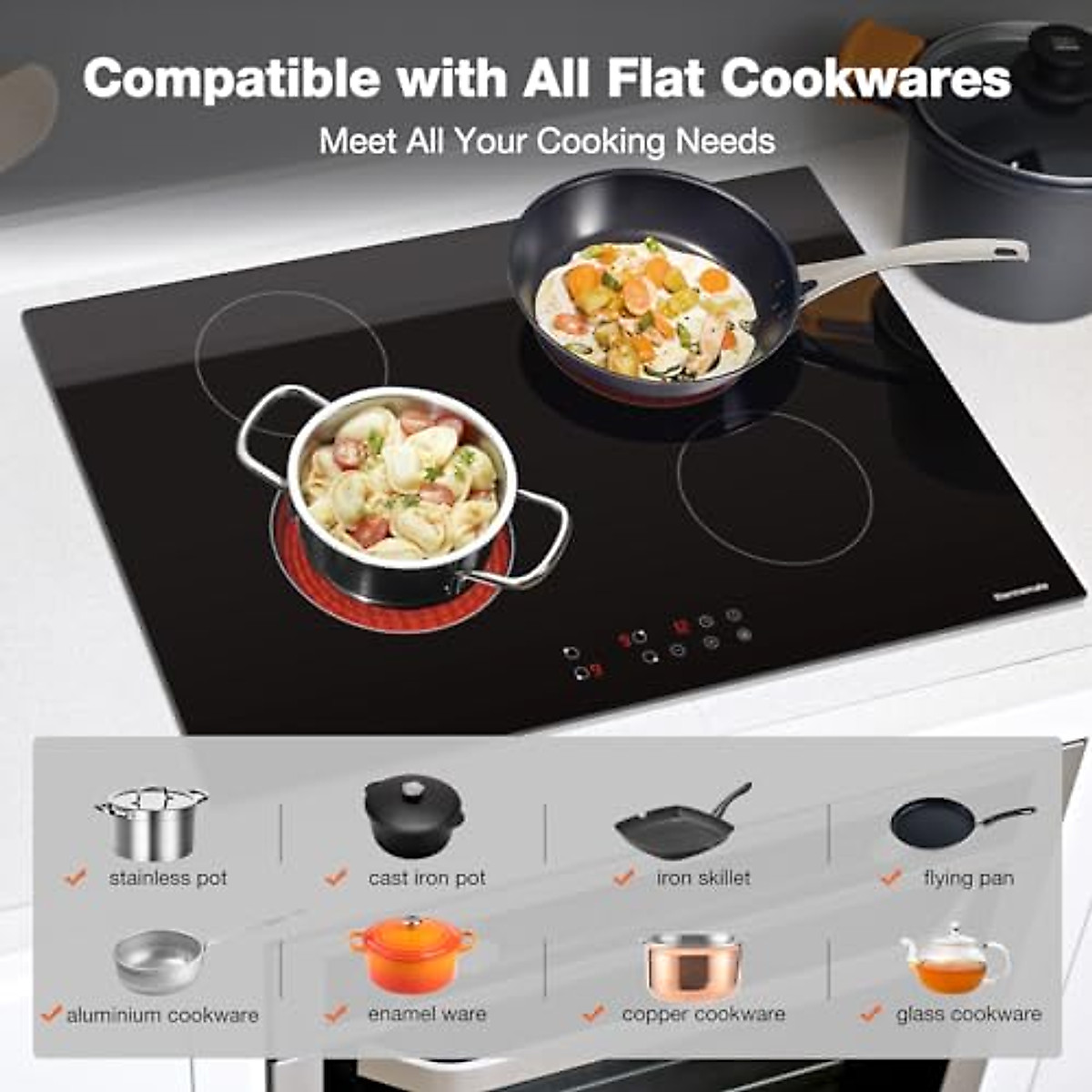 thermomate 4 Burners Electric Cooktop, 30 Inch Built in Electric Radiant Stove Top, 6000W Ceramic Glass Cooktop with Sensor Touch Control, 9 Heating Level, Chlid Lock & Timer, 220-240V Hard Wire