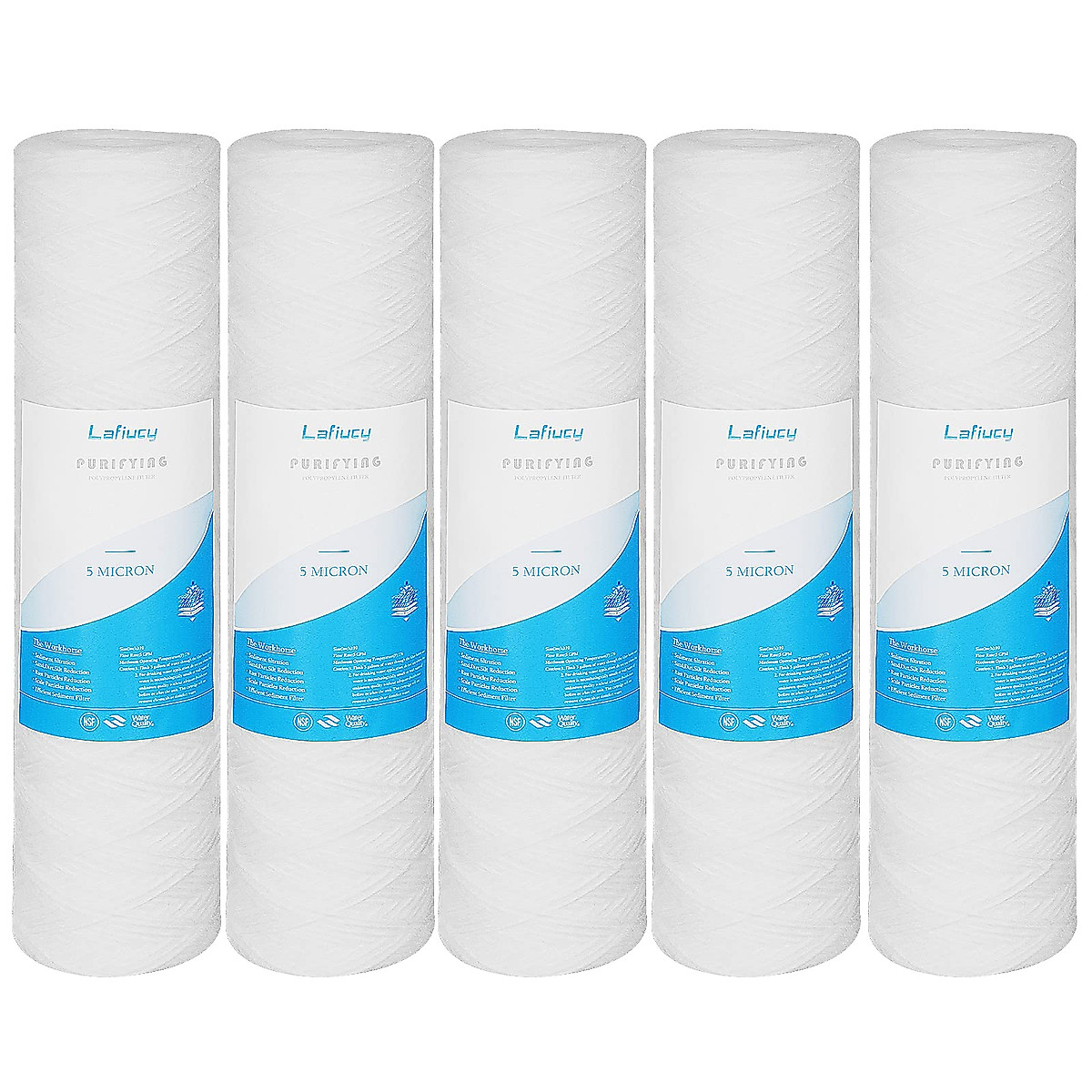 Lafiucy 5 Micron 10" x 2.5" String Wound Sediment Water Filter Cartridge,5 Pack,Whole House Sediment Filtration, Universal Replacement for Most 10 inch RO Unit