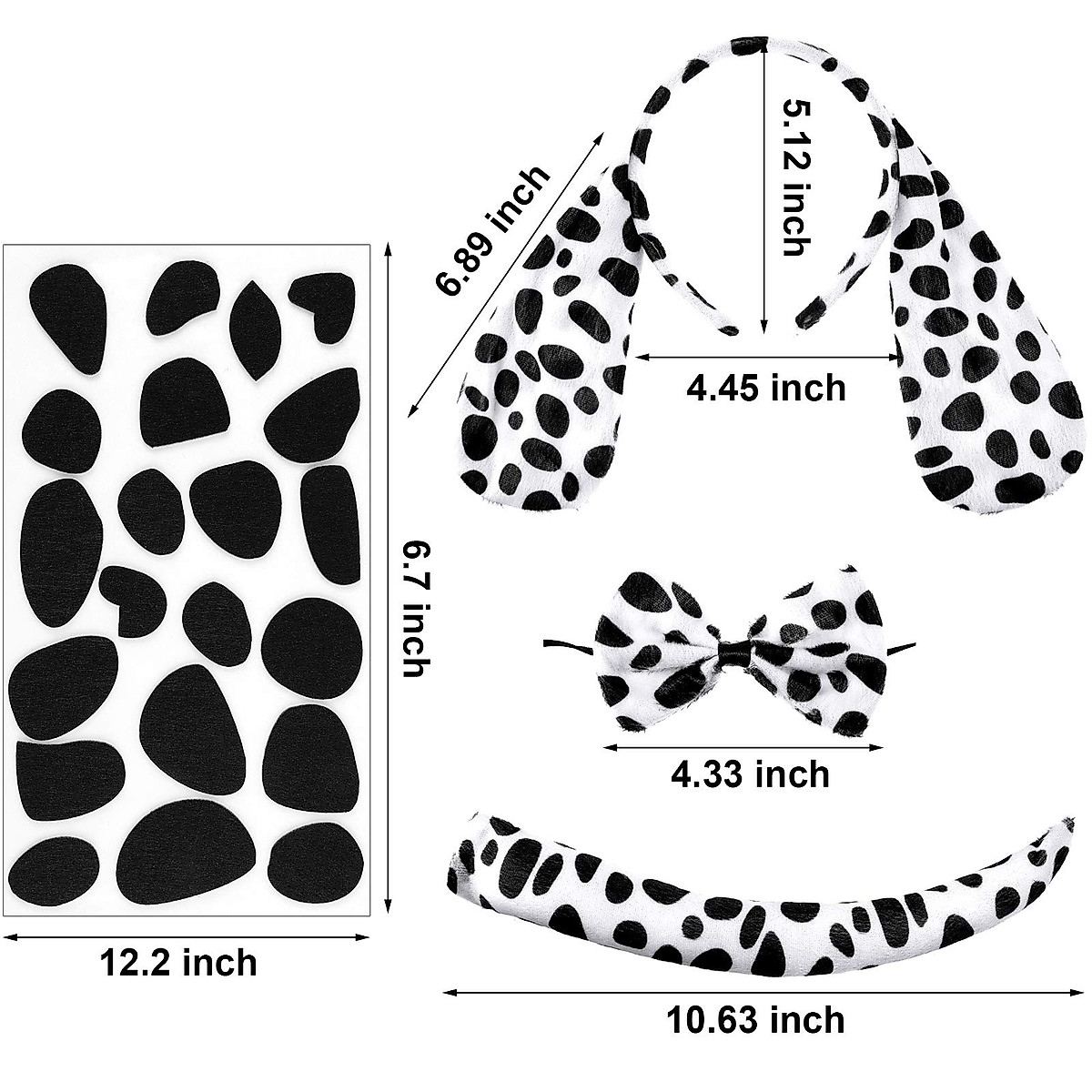 WILLBOND Dalmatian Dog Ear Headband, Bow Tie, Tail Set with 4 Sheets Adhesive Felt Circles Felt Pads for Halloween DIY Projects Costume Party Decorations Supplies