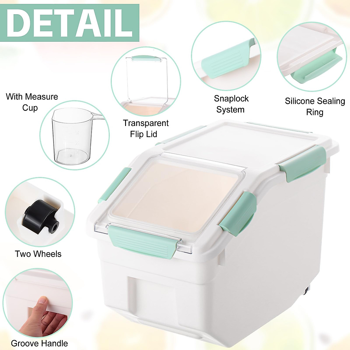 Purpeak 4 Pack Grain Rice Storage Bin Flour Storage Container 20 Lbs with Wheels Measuring Cup Airtight Lid Plastic Cereal Pet Food Storage Boxes for Dry Food Sugar Baking Cat Bird Dog Food (Green)