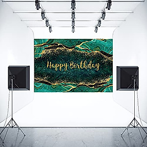 Aperturee 7x5ft Green Marble Happy Birthday Backdrop Glitter Gold Dots Girls Women Sweet 16 Luxury Abstract Photography Background Banner Supplies Photo Booth Studio Props Party Decoration Multicolor