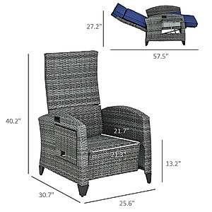 Outsunny Outdoor Recliner Chair with Adjustable Armrests, Footrest, PE Wicker Reclining Patio Lounge Chair with Cushions, Side Tray Table for Porch, Balcony, Dark Blue
