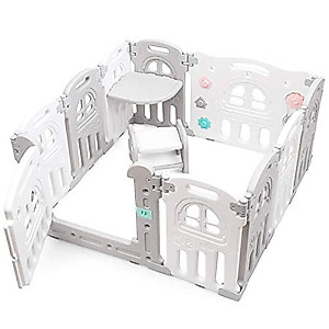 Costzon Baby Playpen 10-Panel Foldable Kids Play Yard, Indoor Outdoor Portable Baby Fence w/Additional Table Panels, Seat Stool, Lockable Gate & Educational Toys, Adjustable Shape (10-Panel)