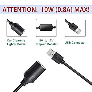 TEHUS USB to 12V DC Power Adapter - USB 5V A Male to 12V Car Cigarette Lighter Socket Power Converter for Driving Recorder DVR Dash Camera GPS(10W 0.8A Max) (0.3M/11.8in)