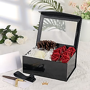 PACKQUEEN Gift Box with Window, 9x6.5x3.8 Inches, Black Gift Box for Present Contains Ribbon, Card, Groomsman Proposal Box, Gift Box with Magnetic Lid (Glossy Black)