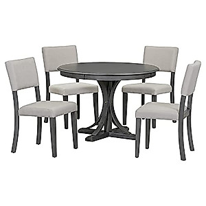 Goozio 5-Piece Retro Round Dining Table Set with Curved Trestle Style Legs and 4 Upholstered Chairs for Kitchen Room,Dark Gray