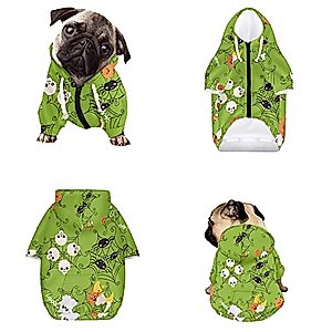DDFS Halloween Dog Costumes Small Size Dog Hoodies Sweatshirt Print Spider&Ghost Fashion Design Green Doggy Jacket Pup Apparel Keep Warm Winter Dog Clothes Puppy Outfit for Halloween Party