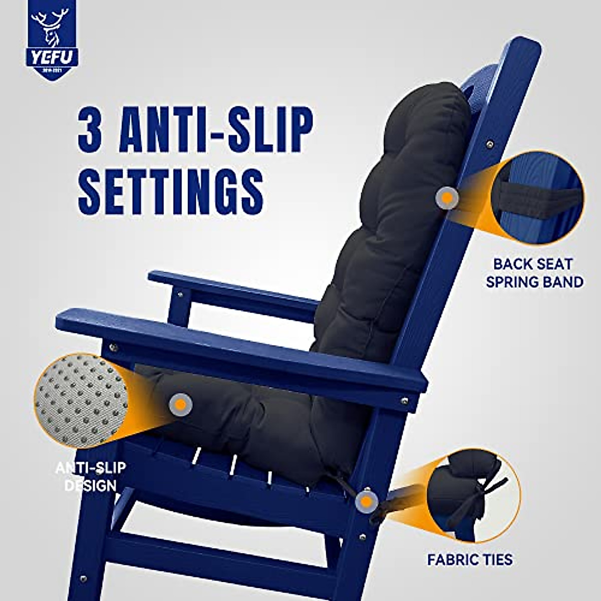 YEFU Adirondack Chair Cushion, Rocking Chair Cushions High Back, Thickened Patio Chair Pad for Indoor and Outdoor, 49x20x5 Inch, Navy