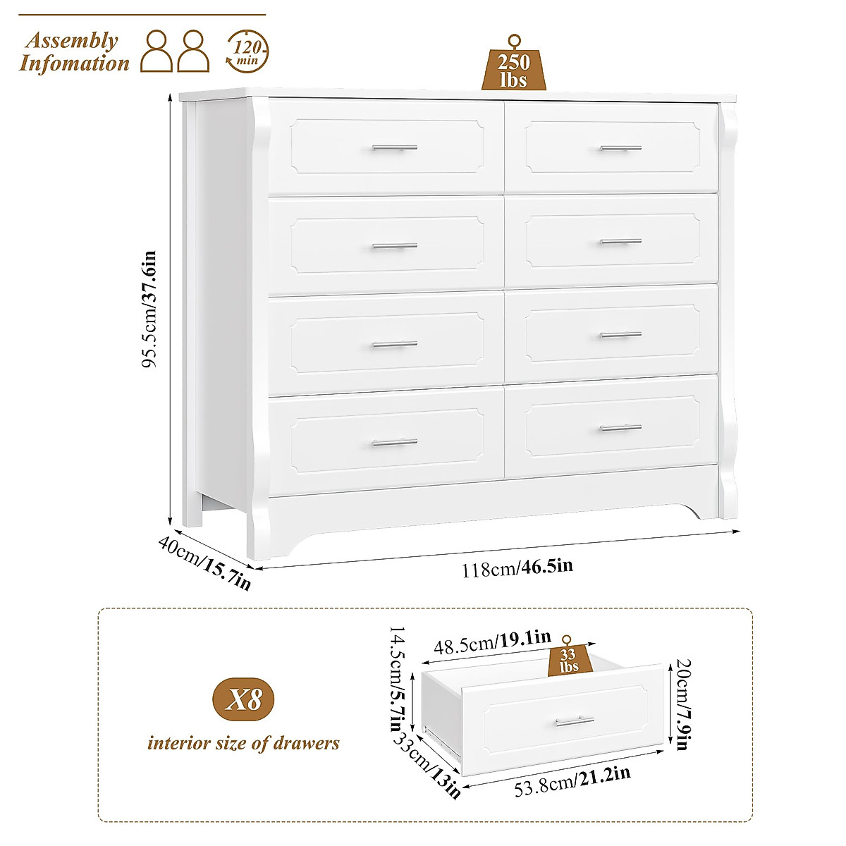 HITHOS 8 Drawer Dresser for Bedroom, White Dresser, 47" Wood Dresser & Chest of Drawers, Modern Double Storage Dresser Cabinet with Deep Drawers | Metal Handles for Living Room, Hallway, Entryway