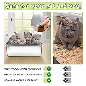 BNOSDM Stainless Steel Litter Box Smooth Litter Pan for Cats and Rabbits Metal Cat Litter Box High Sided, Easy to Clean, 17.7" L X 13.8" W X 5.9" H