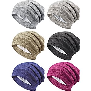 6 Pieces Satin Lined Sleep Cap Slouchy Beanie Slap Hat Night Hair Wrap Caps for Women Girls, One Size (Black, Navy Blue, Khaki, Army Green, Wine Red, Dark Grey)
