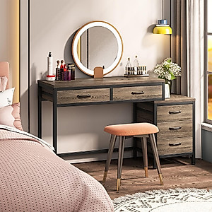 Tribesigns Computer Desk with 5 Drawers, Home Office Desks with Reversible Drawer Cabinet Printer Stand, Industrial PC Desk with Storage, Grey Study Writing Table Workstation for Small Spaces
