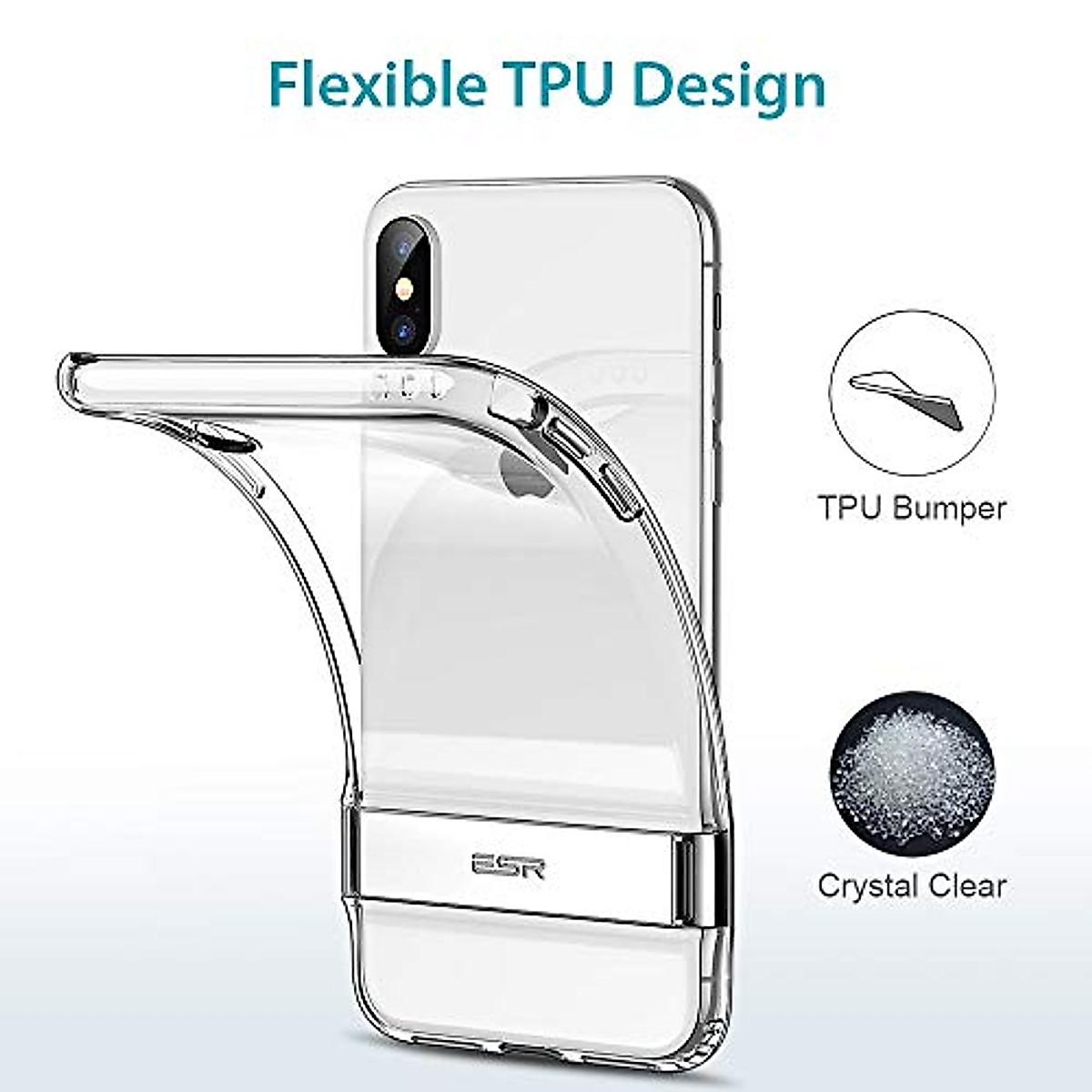 ESR Metal Kickstand Case for iPhone XR, [Vertical and Horizontal Stand] [Reinforced Drop Protection] Flexible TPU Soft Back for The iPhone XR, Clear