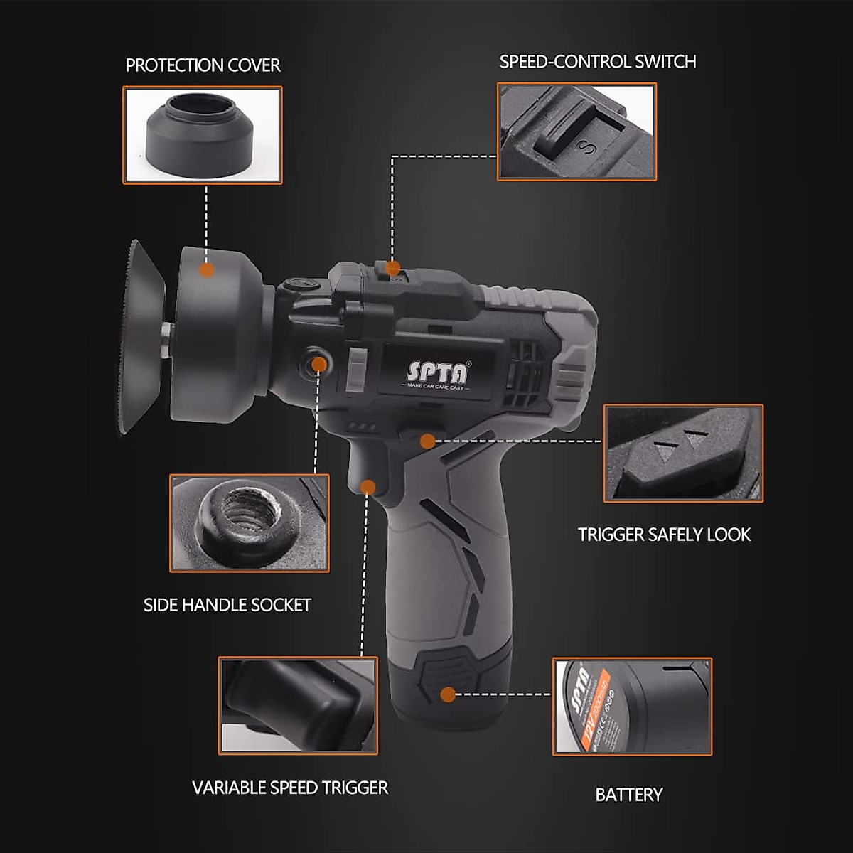 SPTA 12V Cordless Car Rotary Polisher Tool Sets, Dual Action Polisher Cordless Drill Variable Speed Buffer, 2000mAh Li-ion Battery with Fast Charger and Polishing Pads for Car Detailing and Polishing