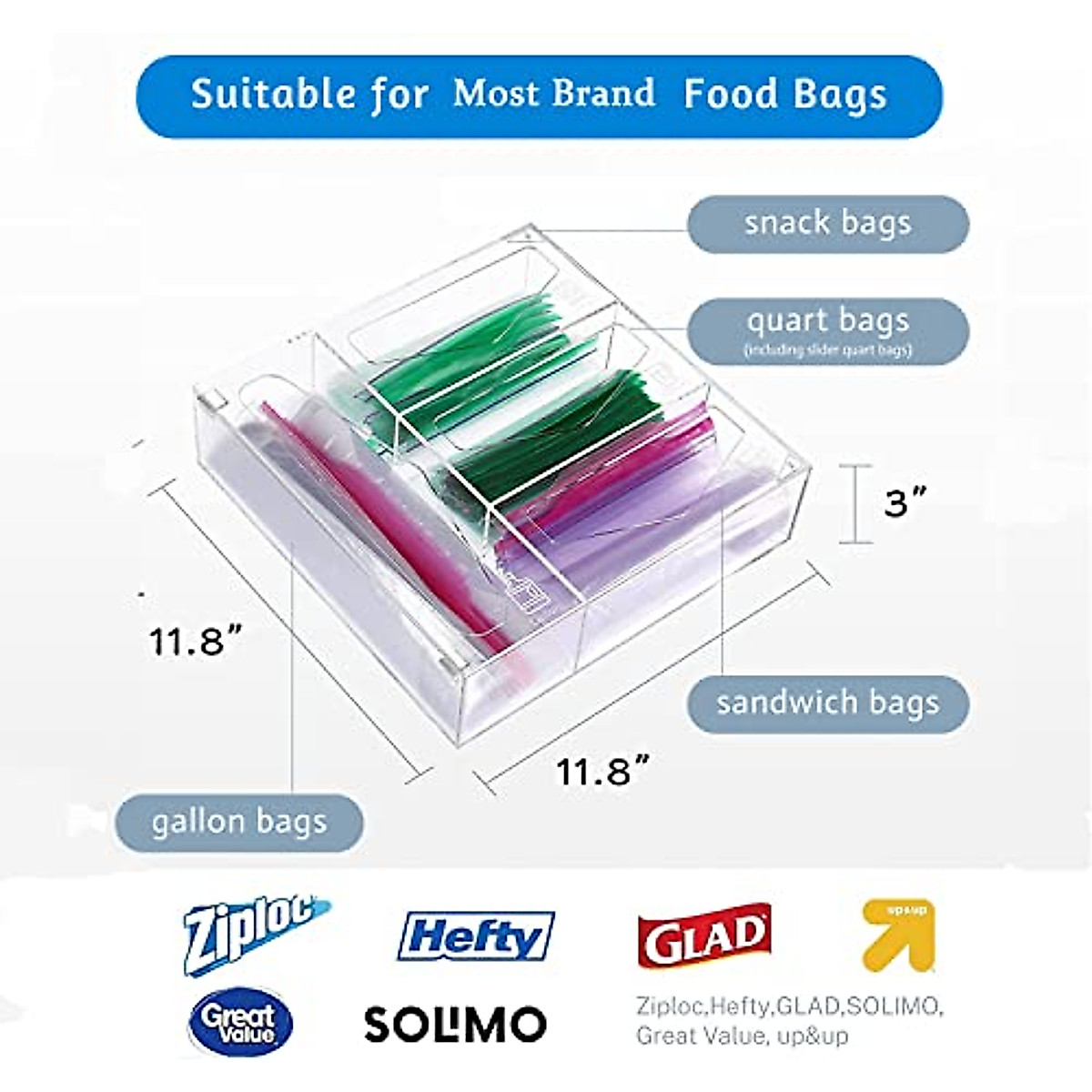 Ziplock Bag Storage Organizer, Acrylic Food Storage Bag Holder Dispenser for Kitchen Drawer, Baggie Organizer for Gallon Quart Sandwich Snack Bags, Compatible with Ziploc, Solimo, Glad, Hefty