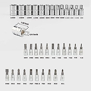 YUFANYA 46PCS 1/4 inch Drive Socket Set,Metric Ratchet Wrench Set with 4-14mm CR-V Sockets,S2 Bits,Extension Bars,Mechanic Tool Kits for Household Auto Repair