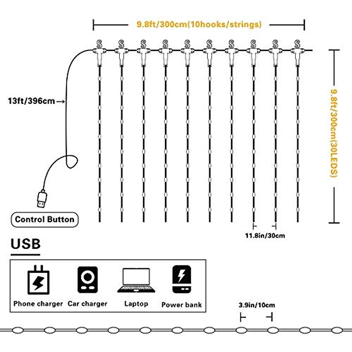 LIUPENGWEI LED Light String Curtain, Remote Control, 8 Modes Lights, Warm White LED 300 Fairy Lights, Decorative Light String Fairy, Home Garden Decoration Wedding Party Garden Ghost Light