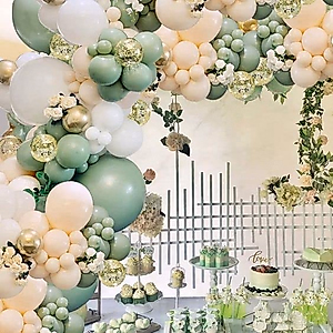 GIHOO Sage Green Balloon Garland Arch Kit 143pcs Avocado Green Balloon with White Balloons Gold Metallic Latex and Confetti Balloons for Wedding Birthday Party Baby Shower Party Background Decoration