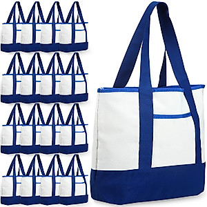 16 Pcs Canvas Tote Bag Bulk with Outer Pocket, 18 Inch Cotton Large Tote Beach Bags for Women Grocery Shopping Bags Tote Bag Blank DIY Gift,Stylish Two-Tone Splicing Open Top Strong Canvas Bag (Blue)