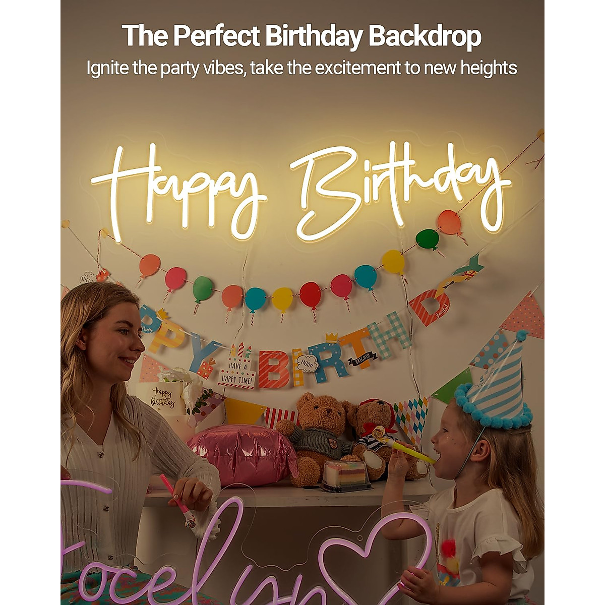 30x8 Inch Happy Birthday LED Neon Sign for Backdrop Decor, Happy Birthday Light Up Sign Adjustable with Stepless Dimmer, 12v Adapter and Hanging Chains for Birthday Party Decoration (Warm White)