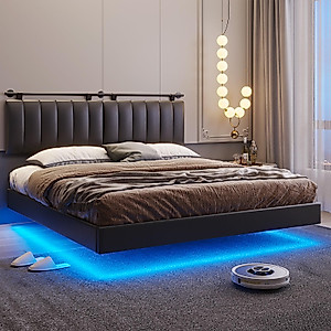 DICTAC Floating King Bed Frame with RGB LED Lights Modern Upholstered King Size Led Bed Frame with Wall Mounted Headboard,No Box Spring Needed,White