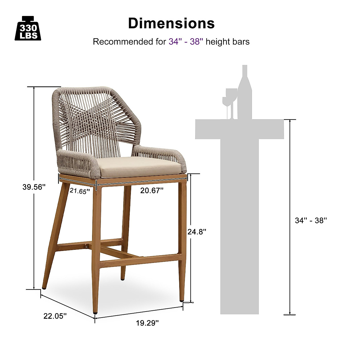 PURPLE LEAF Patio Sunbrella Counter Height Bar Stools 24" H Set of 2 Modern Rattan Bar Chairs Aluminum Stool Outdoor Wicker Barstools with Back and Cushion for Garden Kitchen Island
