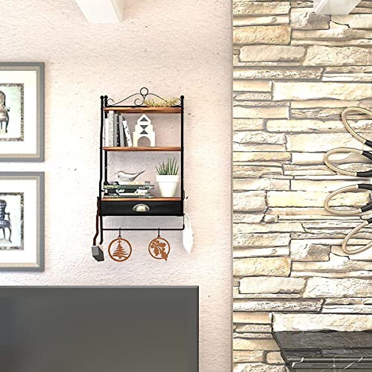 Jautokerdar Wall Mounted Bathroom Shelves with Drawer, 3 Tier Hanging Storage Rack with Foldable Towel Bar, Towel Holder Floating Organizer Shelves with Hook