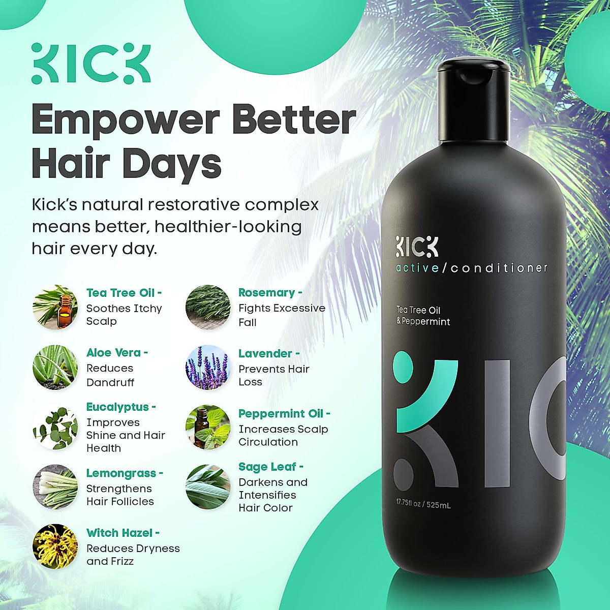 Kick Mens Conditioner - Tea Tree and Peppermint for Hair Loss - Proven High Performance Pro-Nourishing Mens Natural Anti Dandruff Treatment - 17oz