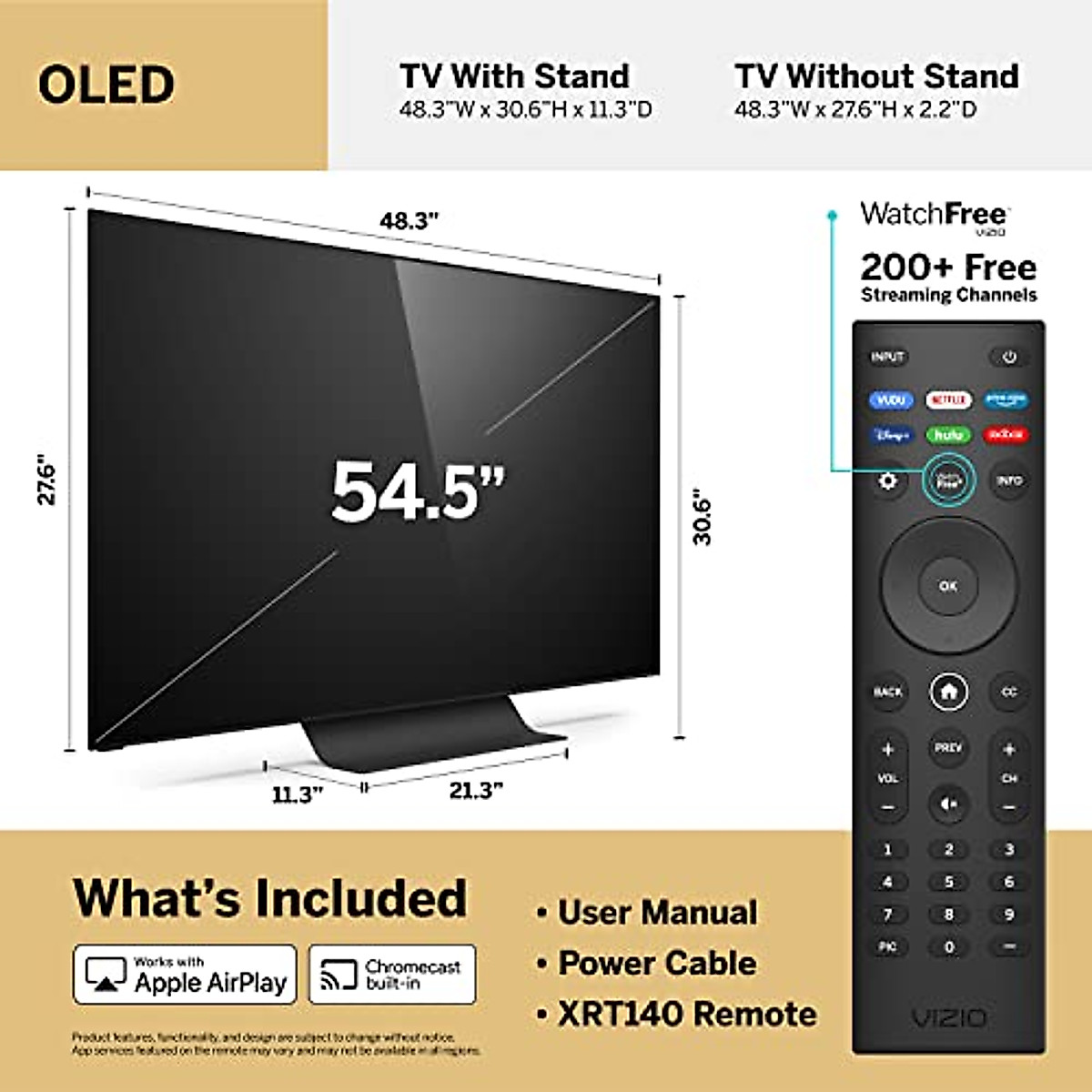 VIZIO 55-Inch OLED Premium 4K UHD HDR Smart TV with Dolby Vision, HDMI 2.1, 120Hz Refresh Rate, Pro Gaming Engine, Apple AirPlay 2 and Chromecast Built-in - OLED55-H1