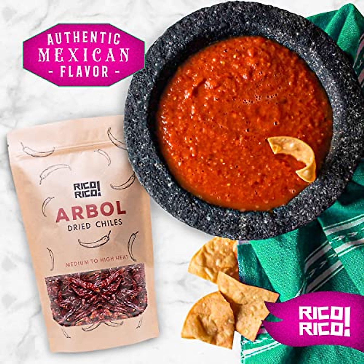 RICO RICO - Chile de Arbol 4 oz - Dried Whole Red Chili Peppers, Premium Dried Chiles, Spicy Hot Heat, Use in Mexican, Chinese and Thai Dishes, Packaged in Resealable Kraft Bag by RICO RICO