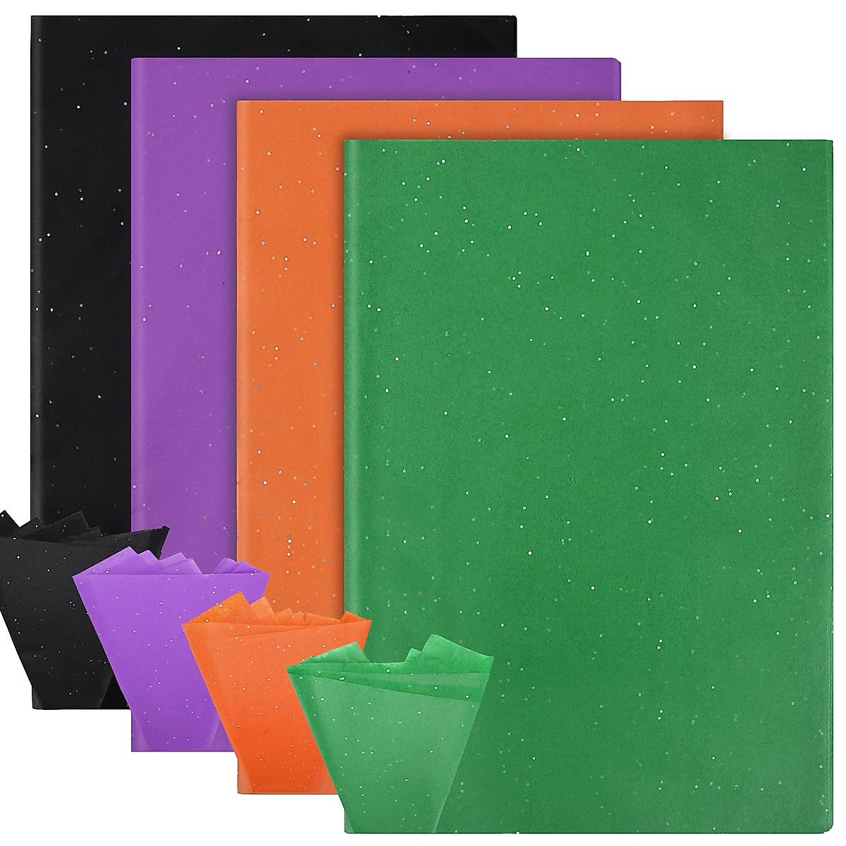 100 Sheets Halloween Sparkle Tissue Paper Bulk, Black Purple Orange Green Wrapping Paper with Glitter for Halloween DIY Crafts Halloween Party Decorations and Gift Wrapping, 14 x 20''