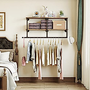 MAIKAILUN Wall Mounted Clothes Rack with Shelf, 52" Long Industrial Pipe Clothing Rack with 2 Tier MDF Shelves Heavy Duty Iron Garment Rack Bar,Retail Display Clothes Rod for Clothes,Laundry Room