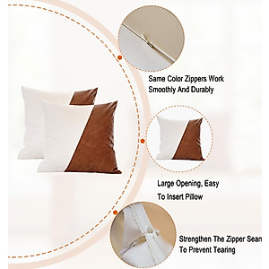 GEGELICA Faux Leather Patchwork White Linen Throw Pillow Covers Modern Minimalist Farmhouse Solid Boho Decorative Pillow Covers for Couch Living Room Bedroom Set of 2 18X18 Inch Brown and Cognac