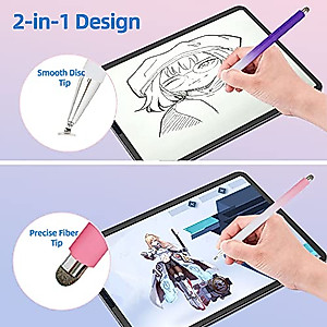 Stylus Pens for Touch Screens, 2 in 1 Stylus Pen for iPad with Precision Disc & Fiber Tip, Capacitive Stylus with Magnetic Cap, Compatible with All Touch Devices (2 Pcs) (Purple/Pink)