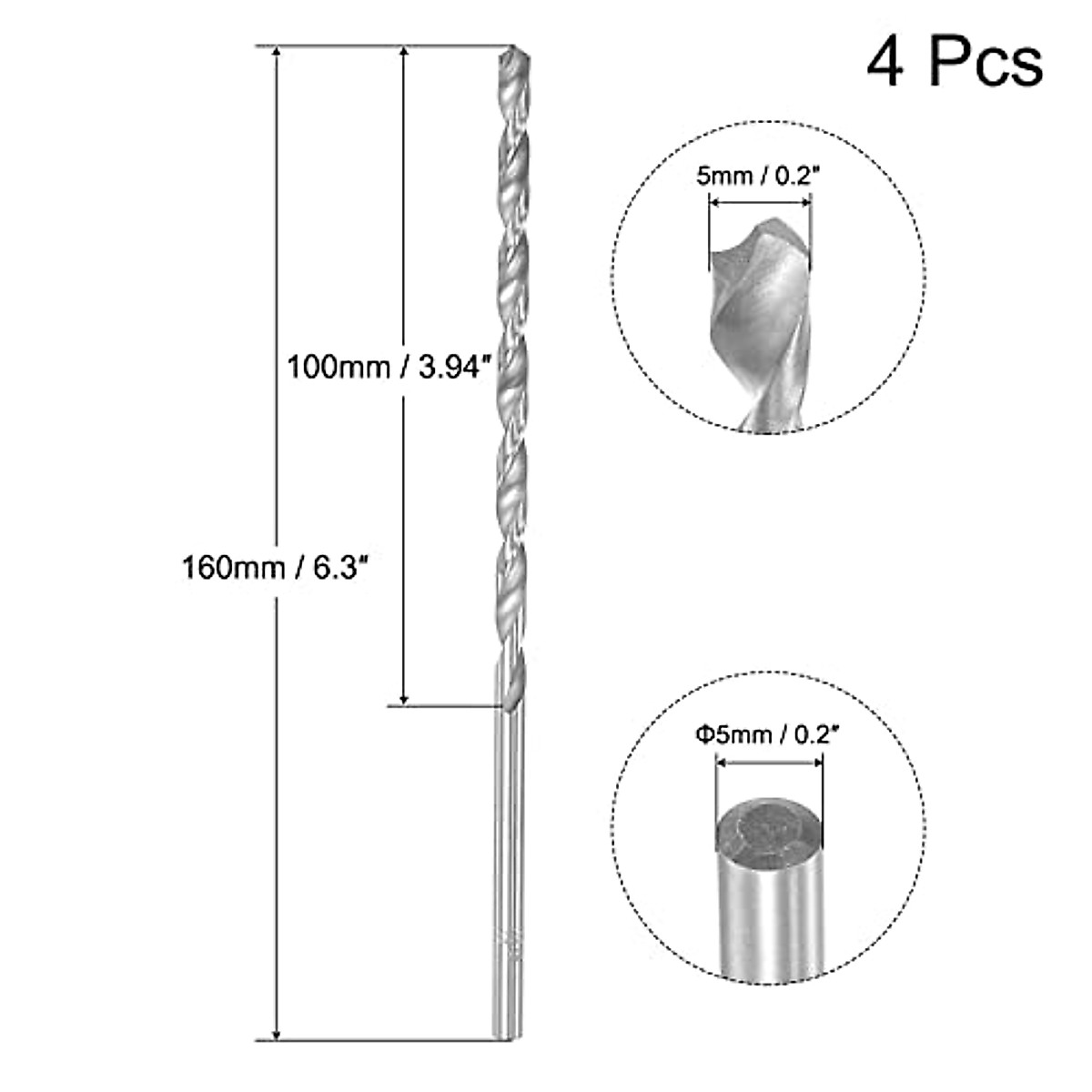 uxcell HSS(High Speed Steel) Extra Long Twist Drill Bits, 5mm Drill Diameter 160mm Length for Hardened Metal Woodwork Plastic Aluminum Alloy 4 Pcs
