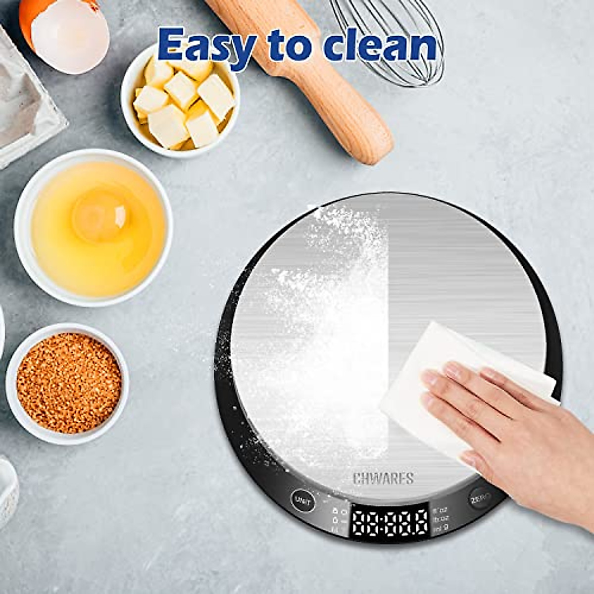 CHWARES Food Scale, Digital Kitchen Scale with Bowl Stainless Steel, Rechargeable Digital Scales Grams and Ounces for Weight Loss, Dieting, Baking, Cooking, and Meal Prep, 11lb/5kg, 0.1oz/1g