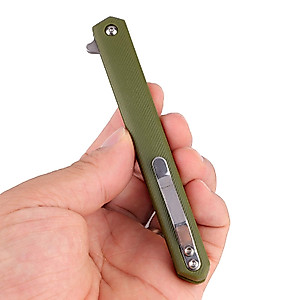 Samior GA035 Small Slim Folding Pocket Flipper Knife, 3.5 inches 5CR13 Tanto Blade, ABS Handle With Liner lock Pocket Clip, Low Profile Gentleman's EDC Knives 1.3oz, Army Green