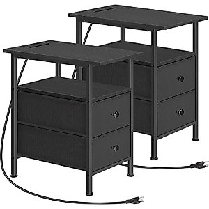 HOOBRO End Table Set of 2 with Charging Station, Narrow Side Tables, Narrow Nightstand with 2 Non-Woven Drawers, Slim Sofa Table, for Small Spaces, Living Room, Bedroom, Black BB486UBZP201