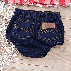 IWOKA Baby Girls Plaid Ruffle Bowknot Tank Top+Denim Shorts Outfit with Headband (70(0-6M), Red)