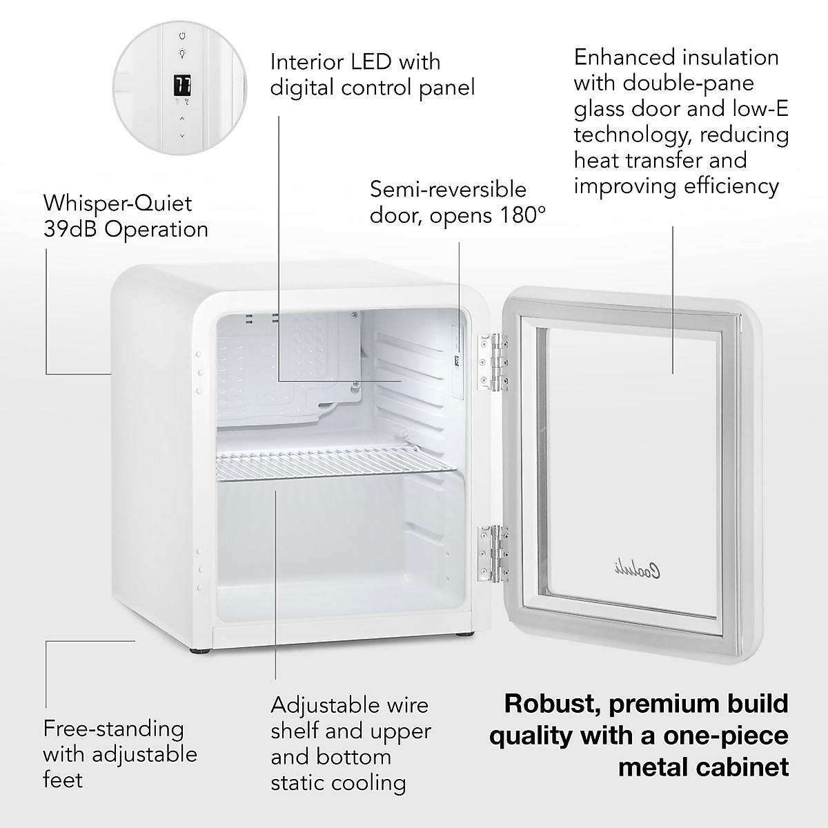 Cooluli Decor 1.7 cu ft Compact Mini Fridge with Glass Door - Small Refrigerator for Bedroom, Office, Dorm - Ideal for Soda Drinks, Beer (White)