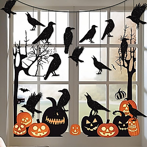 40pcs Glitter Black Crow Halloween Decorations Bird Raven Hanging Banners for Gothic Halloween Garland Backdrop Centerpiece Halloween Wall Cutouts for Horror Theme Birthday Wedding Yard Party Supplies