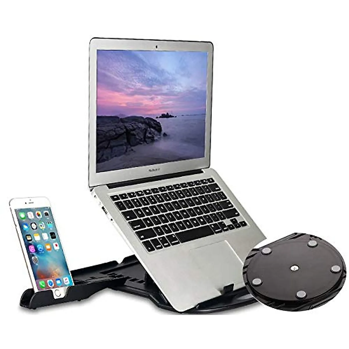 Carnation Adjustable Laptop Stand for Desk with Phone Stand and Cable Clip - 7 Height Options - Swivel Base - Portable, Collapsible - Compatible with Mac, iPad, Tablets and Laptops up to 17” (Black)