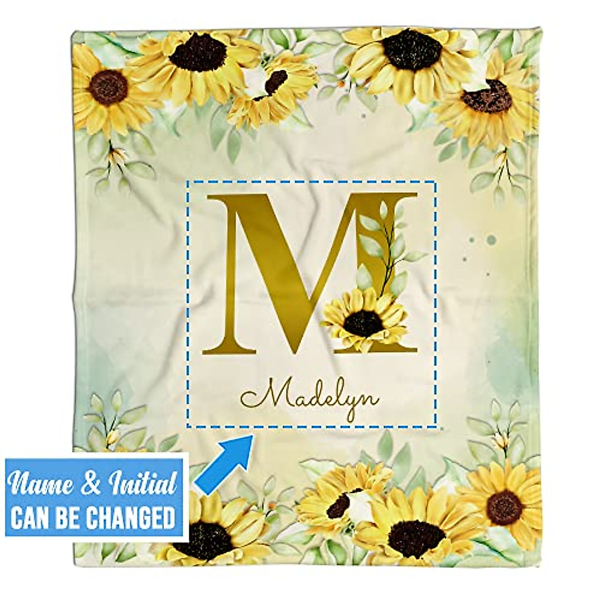TOYSHEA Personalized Sunflower Blanket Name and Initial Letter Custom Throws Cozy Soft Blankets Fleece Sherpa for Women Girls Mom Daughter Grandma Kids Gift for Mother's Day Birthday Christmas