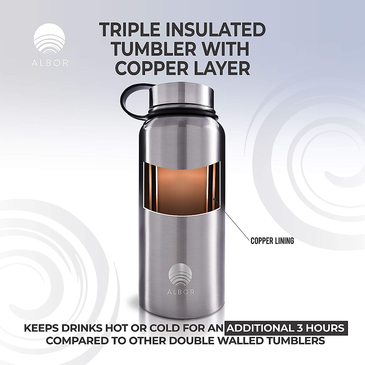 Albor 32 oz Insulated Water Bottle With Chug Lid and Straw, Plus Carry Lid for Travel, Leak Proof Stainless Steel Water Bottle for Gym and Travel (Steel)