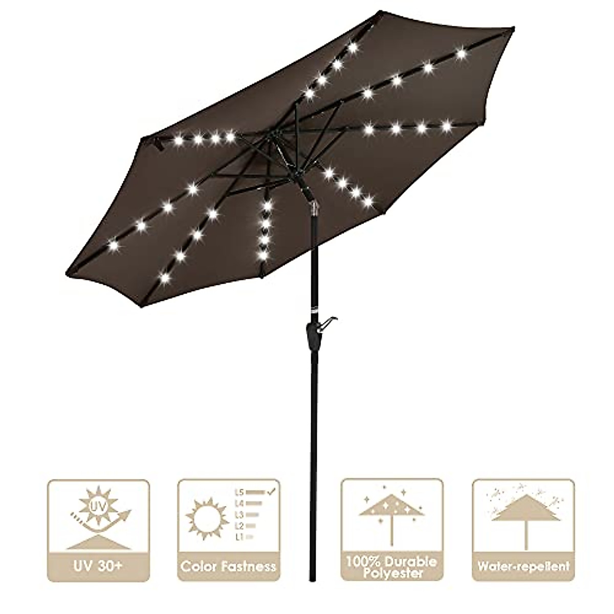 Yescom Solar Umbrellas Patio Umbrella 9 FT LED Umbrellas 32LED Lights Tilt and Crank Outdoor Table Umbrellas Chocolate