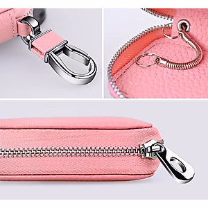 Buffway Car Key Cover,Genuine Leather Car Smart Key Chain Coin Holder Metal Hook and Keyring Wallet Zipper Bag for Auto Remote Key Fob - Pink