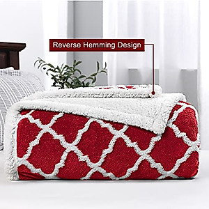 Basic Beyond Fleece Sherpa Throw Blanket - Soft Cozy Red Throw Blanket with 3D Jacquard Design for Couch,Bed,Travel,Camping,Red,50"x60"