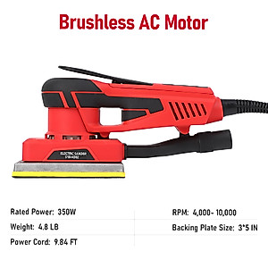 PioneerWorks Sheet Sander with 12 Sanding Paper, 350W Brushless Motor Finishing Sander, Powerful & Low Vibration, 10000 RPM, For Wood working, Polishing,Carpentry